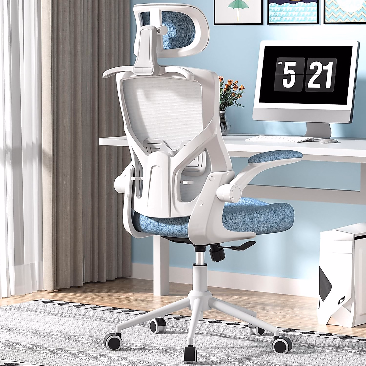 Ergonomic Office Chair, High Back Mesh Desk Chair with Thick Molded Foam Cushion, Coat Hanger, Adjustable Headrest, Lumbar Support, Tilt & Lock Function-Task Chair (Carolina Blue)