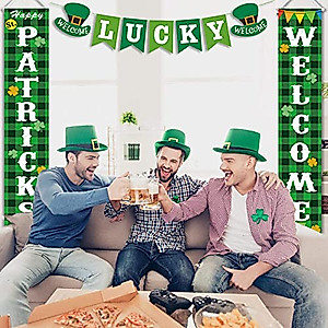 St Patricks Day Decorations Outdoor, Green Buffalo Check Plaid Welcome Banners Porch Signs W LUCKY Garland Banner, Irish Shamrock Happy Saint Patrick's Day Décor for Home Party Door Classroom Office