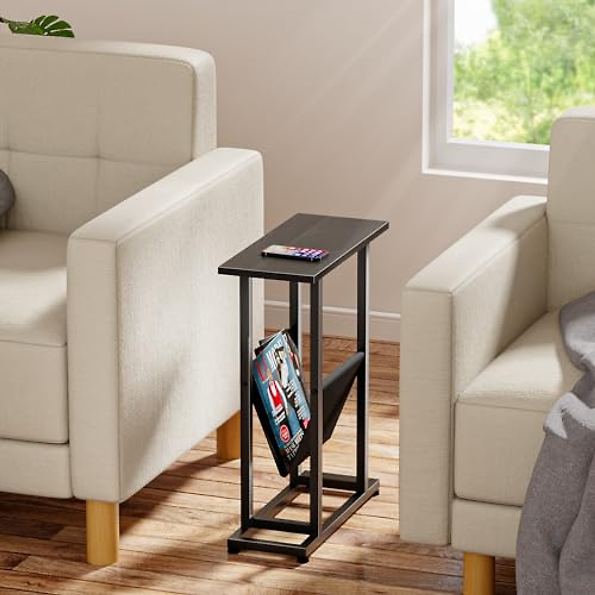 LAKEMID Narrow Side Table Set of 2, Skinny End Table with Magazine Holder, Thin Bedside Table for Small Spaces Living Room, Small Nightstands Bedroom, Black