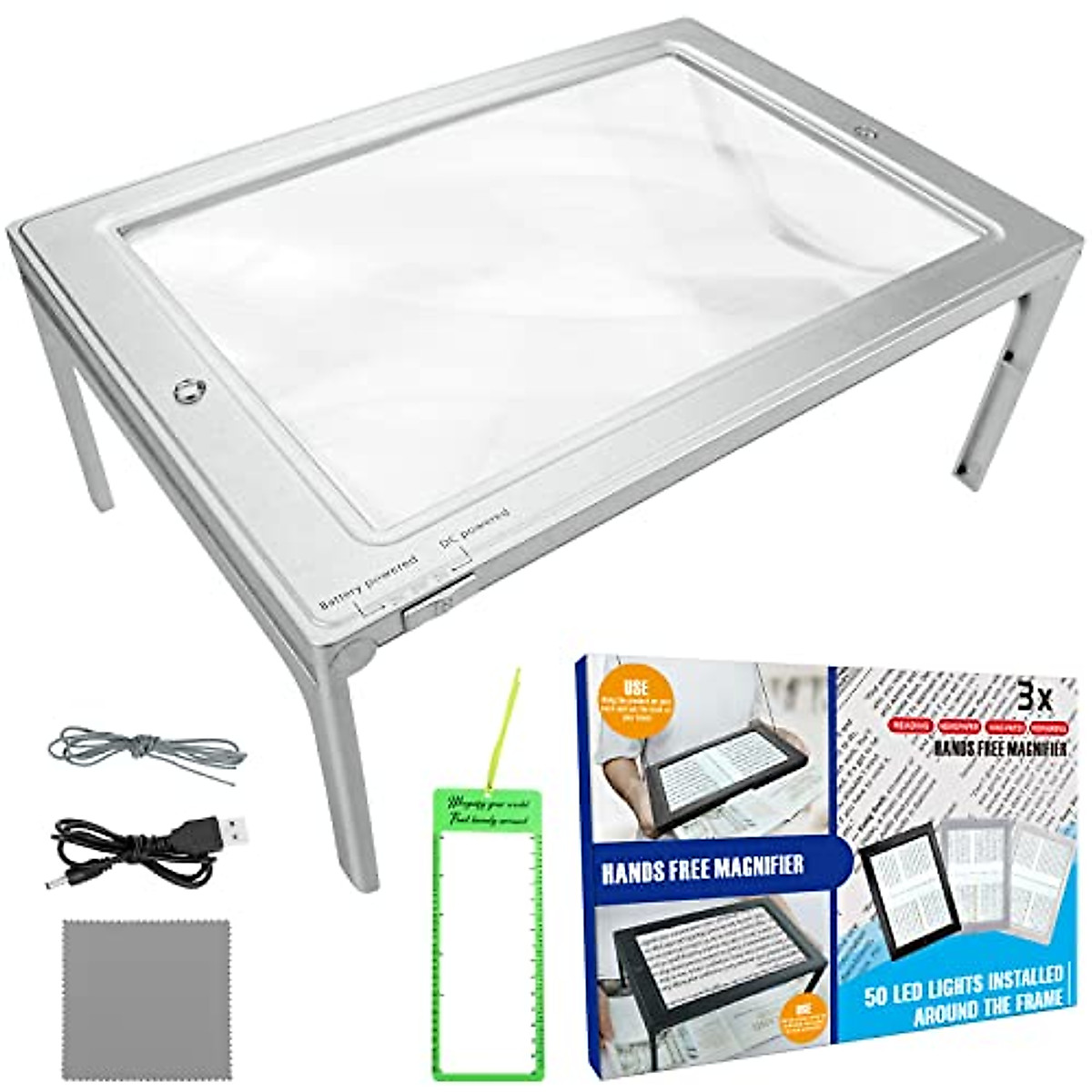 Magnifying Glass with Light and Stand, Silver 4X Page Magnifier for Reading, Foldable 50 LED Large Magnifying Glass Ideal for Seniors, 2 Power Options, 3 Usage Modes