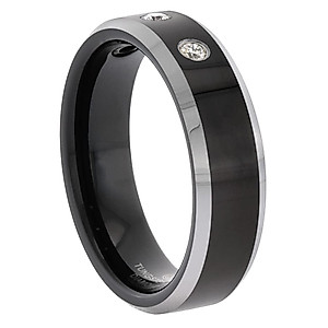 6mm Black Tungsten 3 Stone Diamond Wedding Ring Two-tone Beveled Edges Comfort fit, size 6.5