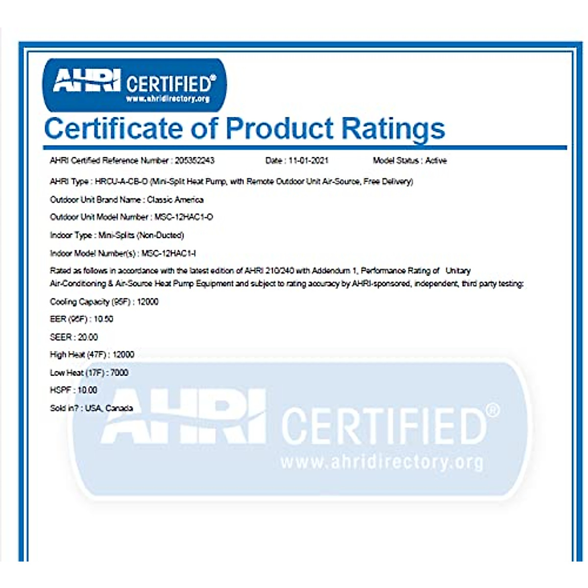 Classic America (12000BTU/120VAC/20SEER) Mini Split AC/Heating System - 600 SqFt Coverage - Ductless/Wall Mounted - Energy Saving Inverter - Includes 16' Installation Kit and Remote - WiFi/Alexa Ready