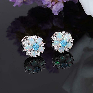 CiNily Flower Earrings,Blue Opal Stud Earrings Sterling Silver Plated Ladies Flower Stud Earrings Cute Unique Earrings
