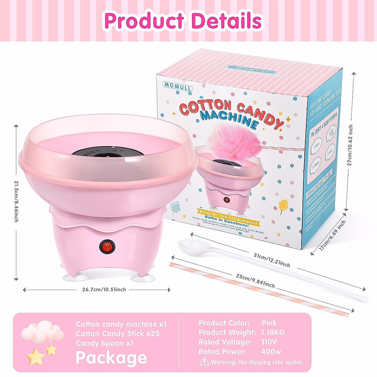 MOMULL Cotton Candy Machine, Mini Cotton Candy Maker for Kids, Pink Vintage Candy Maker for Christmas Gift, Home, Birthday Family Party, Includes 25 Cotton Candy Sticks & Sugar Scoop