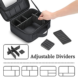 Travel Makeup Bag with Mirror, Cosmetics Organizer Bag, Travel Makeup Train Case & Adjustable Dividers, Professional Cosmetic Accessories Case, Portable Travel Case Waterproof and Durable (Black)