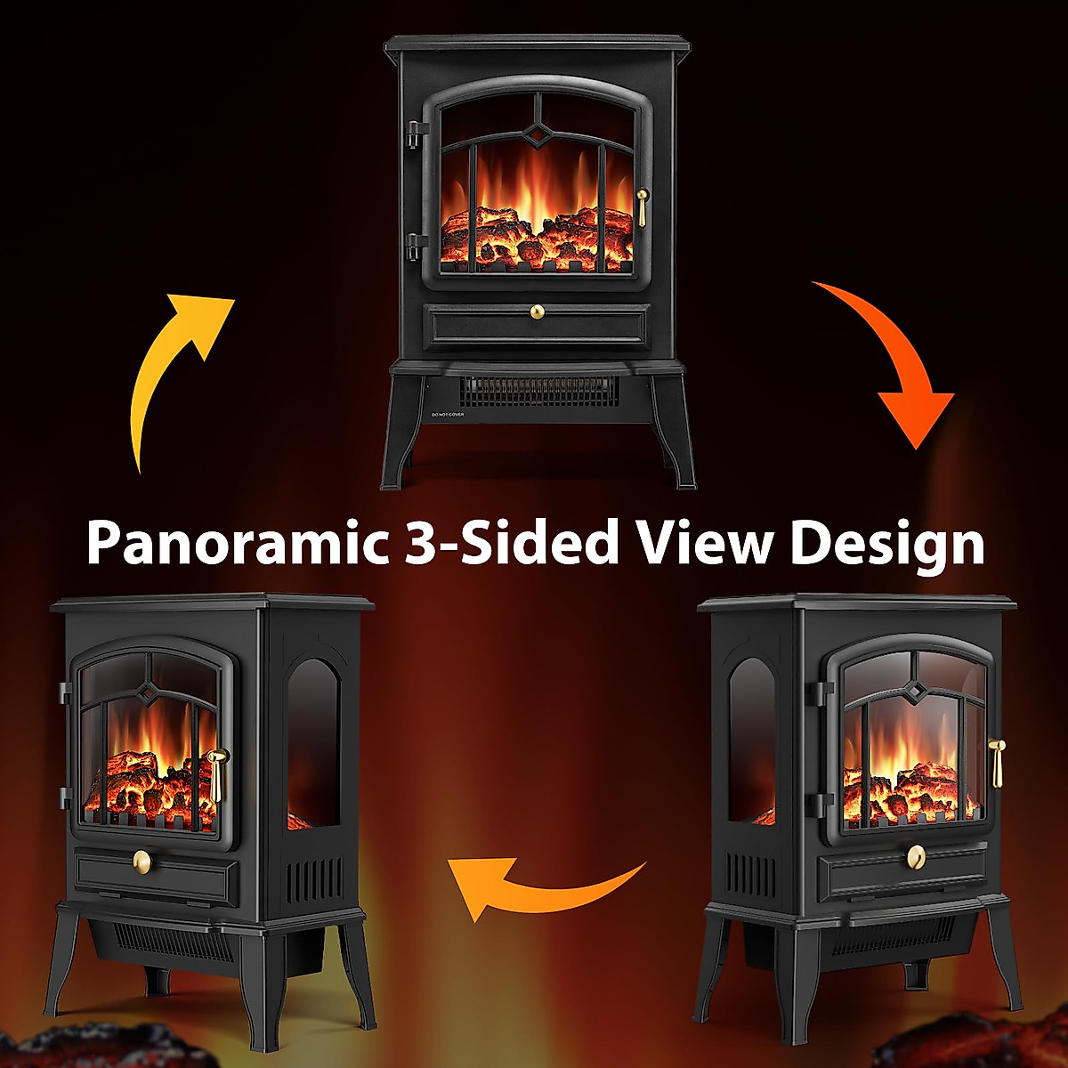 Xbeauty Electric Fireplace Stove with Realistic Flame,Infrared Freestanding Fireplace Heater,Portable,Retro Design,Thermostat,Overheating Safety,1000W/1500W(15 Inch)