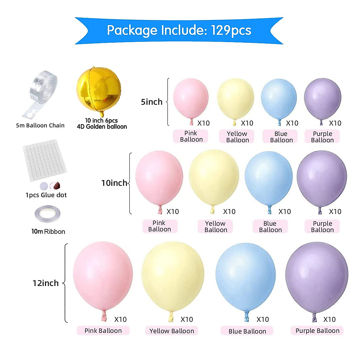 Blue Yellow Pink Purple Balloon Garland Arch Kit, 123PCS Macaron Pink Yellow Blue Purple Pastel Balloons 4D Foil Balloons for Sweet Girls Birthday Bridal Shower Wedding Engagement Party Decoration