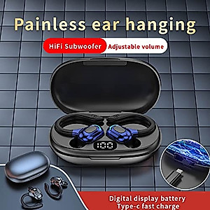 pstuiky Bluetooth 5.2 Earphones with Microphones Music Sport Ear Hook Led Display Wireless Headphones HiFi Stereo Earbuds Waterproof Headsets 2023 (Blue)
