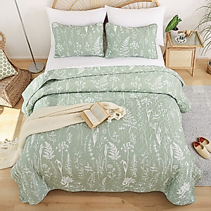 JANZAA Quilts Queen Size Sage Green Quilt Botanical with Floral Pattern Microfiber Bedspreads Queen Size 3 Pieces Lightweight Comforter Reversible Bedding Set with 2 Pillow Cases