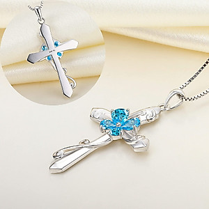 YL Women's Butterfly Cross Necklace Sterling Silver Created Aquamarine Leaves Pendant Crucifix Jewelry for Women