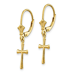 Solid 14k Yellow Gold Cross Leverback Dangle Earrings - 30mm x 8mm