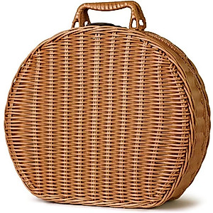QRZLP Wicker Storage Basket, Round Vine Weaving Storage Handbag with Hand Small Suitcase Retro Weaving Vine Weaving Carrying Case Gift Box. (S)