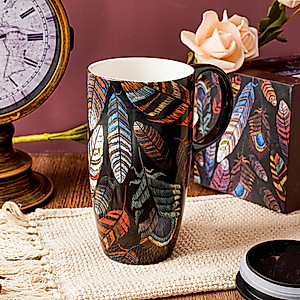 Topadorn Ceramic Coffee Mug Porcelain Latte Tea Cup With Lid and Present Box 17oz,Feather