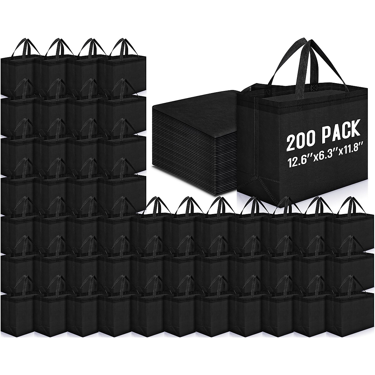 Windyun 200 Pcs Reusable Grocery Bags 12.6 x 11.8 x 6.3 Inches Large Non Woven Shopping Bags Foldable Portable Tote Bags Bulk (Black)