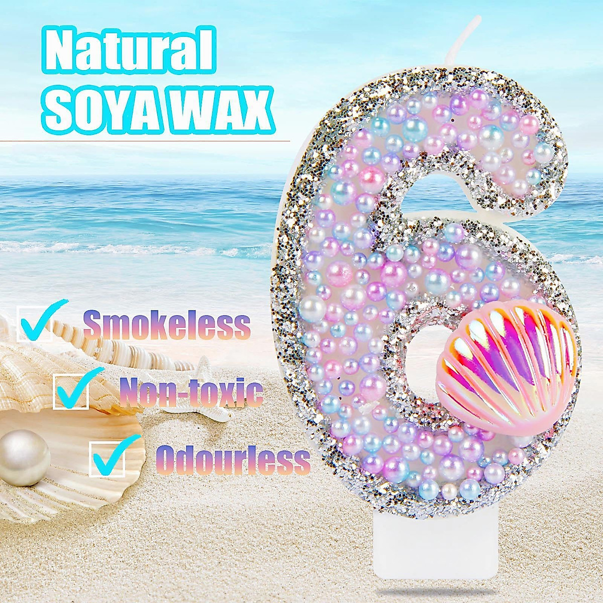 iNINGER Girls Glitter 7th Birthday Number Candle,Glitter Mermaid Number 7 Candle with Pink Shell Sequins,Pink Purple Pearls Cake Candles for Girls Mermaid Themed Birthday Decorations Party Supplies