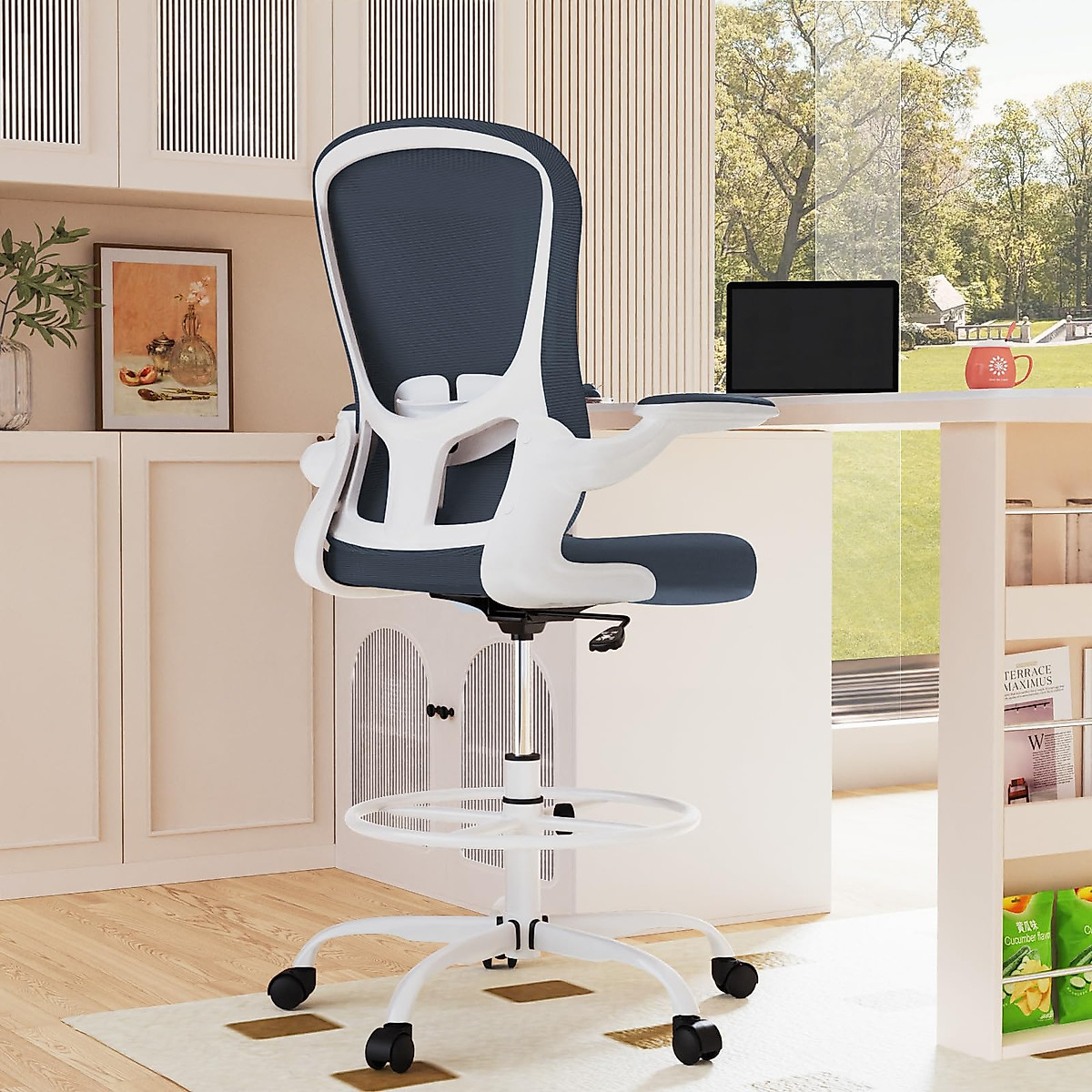 Drafting Chair, Tall Office Chair with Flip-up Armrests Executive Ergonomic Computer Standing Desk Chair, Office Drafting Chair with Lumbar Support and Adjustable Footrest Ring