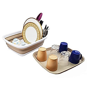 SAMMART 8L (2.11Gallons) Collapsible Dish Drainer with Drainer Board - Foldable Drying Rack Set - Portable Dinnerware Organizer - Space Saving Kitchen Storage Tray (White/Latte, 1)