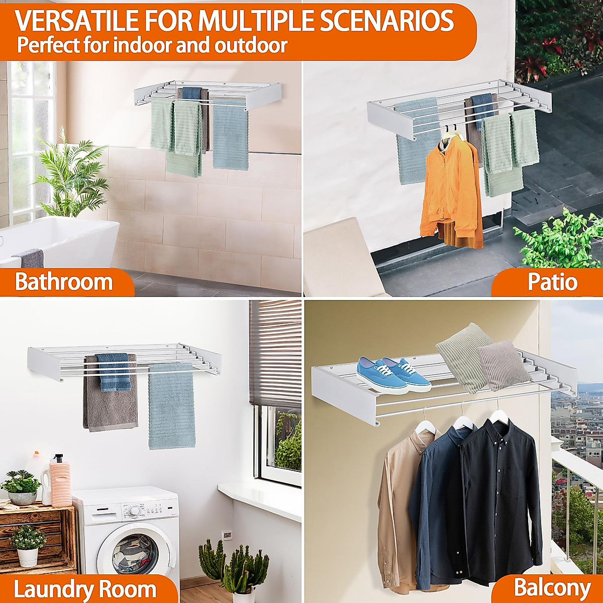 FOCHIER F Laundry Drying Rack Wall Mounted Clothes Drying Rack Collapsible 31.5" Wide with 13.2 Linear Ft and 5 Aluminum Rods Drilling Template Long Screwdriver Bit 60 lbs Capacity White