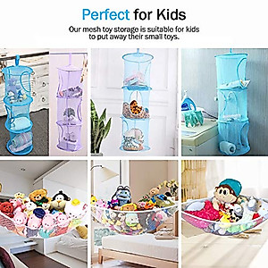 2 Pcs Hanging Mesh Storage Basket with 1 Stuffed Animals Toy Net Hammock, Hommtina Foldable Corner Organizer 3 Tier, Neatly Organize Kid’s Plush Toys and Save Space (Blue+Purple)