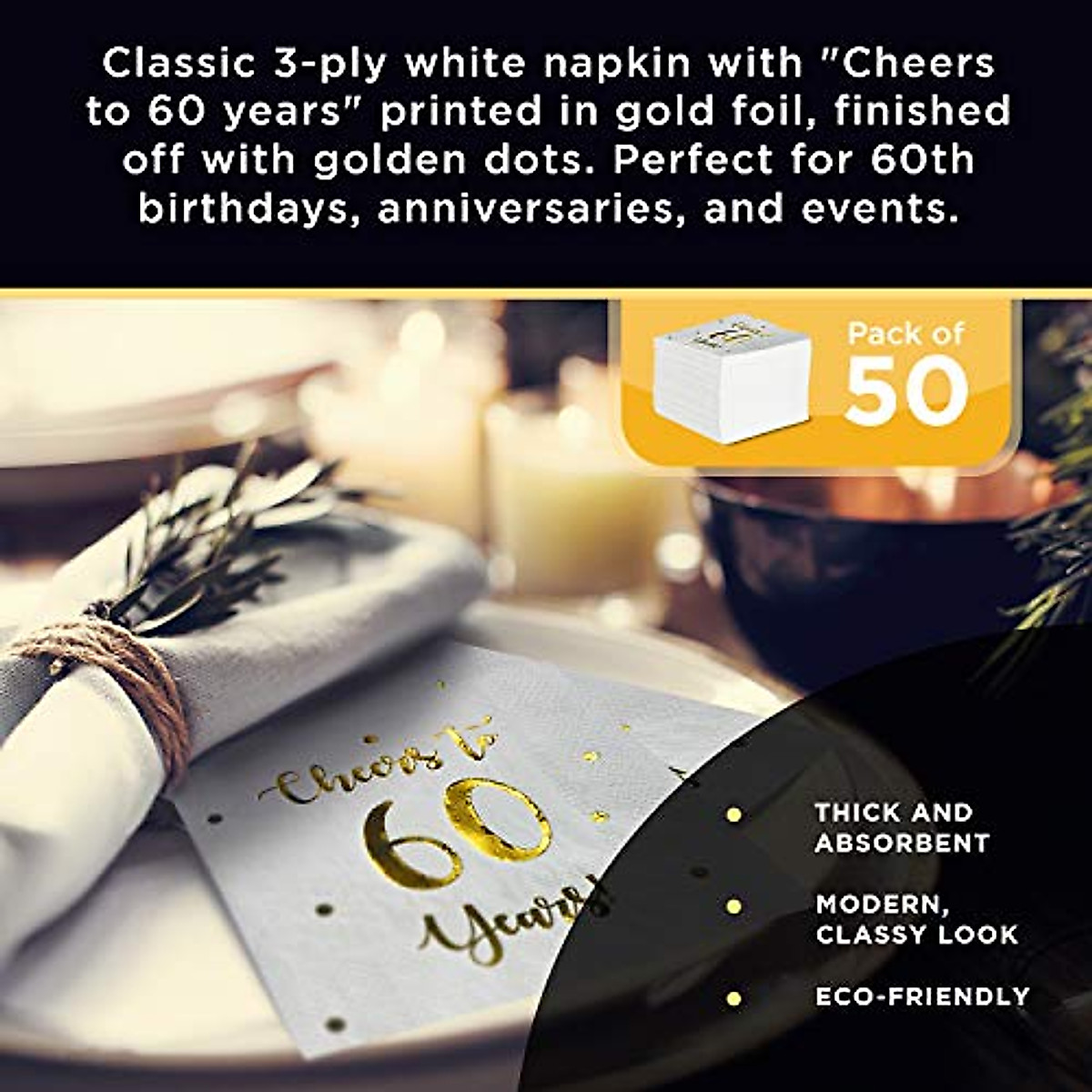 Cheers to 60 Years Cocktail Napkins | Happy 60th Birthday Decorations for Men and Women and Wedding Anniversary Party Decorations | 50-Pack 3-Ply Napkins | 5 x 5 inch folded (White)