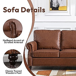Dreamsir 79'' Traditional Faux Leather Sofa Couch with Nailhead Trim, Classic 3-Seater Couch with Rolled Arm for Living Room, Bedroom, Apartment, Easy Assembly (Coffee)