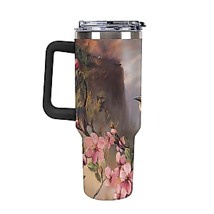 Oil Painting Bird And Flowers 40oz Water Bottle Double Wall Insulated Tumbler with Handle Leakproof Travel Mug Black-style