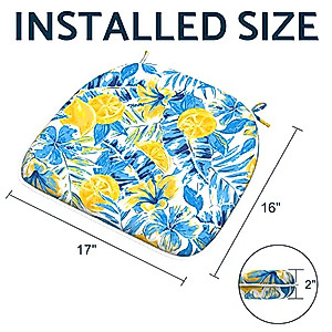 TWLEAR Indoor/Outdoor Chair Cushions 16x17 inch, Patio Chair Pads with Ties, All Weather Seat Cushions for Patio Funiture Home Garden Chair Use, Set of 2, Lemon Blossom Blue