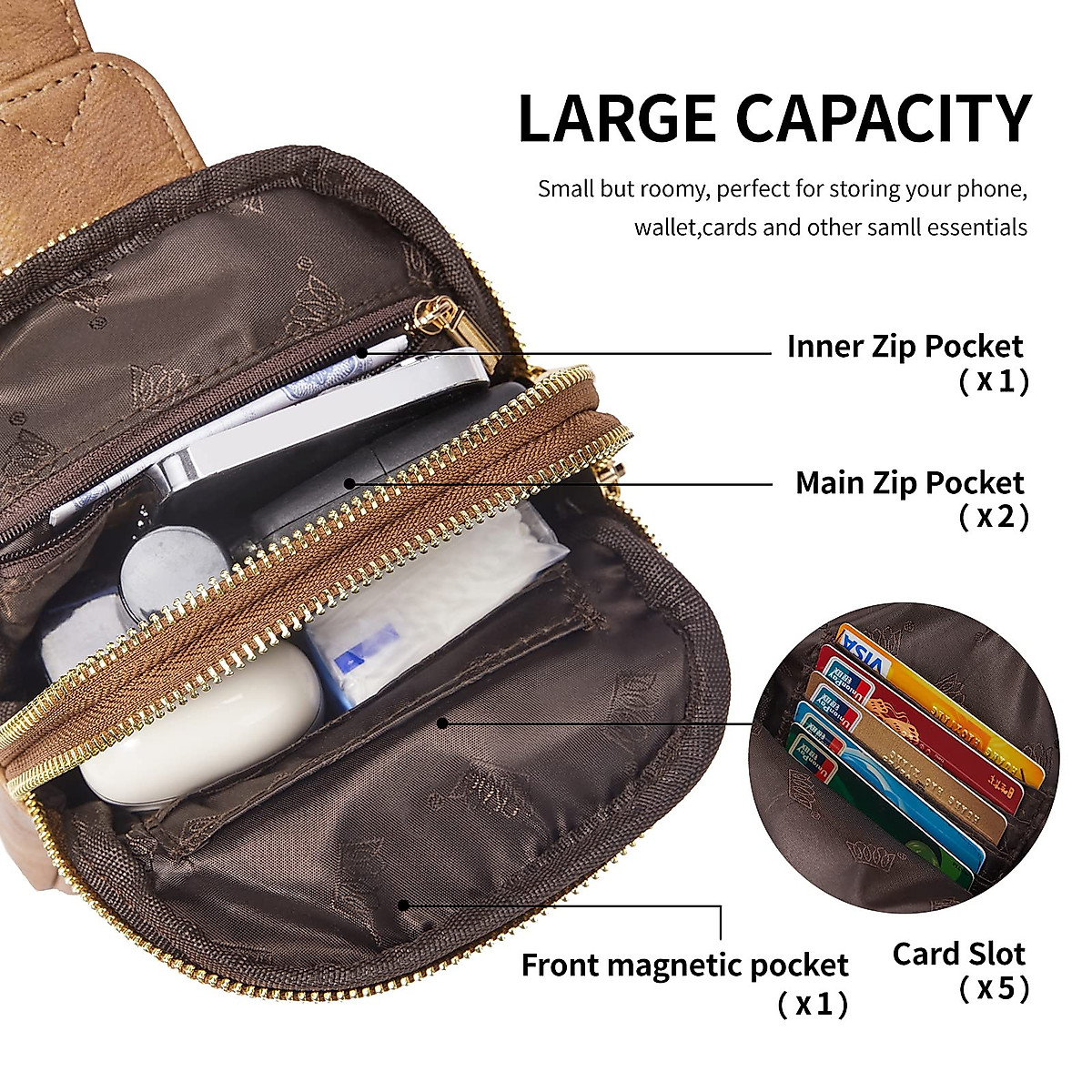 CORALDAISY Women's Vegan Leather Sling Handbag, Fanny Pack, Crossbody Bag, Small Purse, Hobo Gift, Light Brown