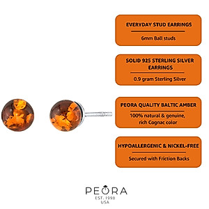Peora Genuine Baltic Amber 6mm Ball Stud Earrings 925 Sterling Silver, Rich Cognac Color, Friction Backs