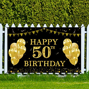 DARUNAXY Black Gold 50th Birthday Party Decorations, Happy 50th Birthday Banner Backdrop for Men Cheers to 50 Year Old Birthday Party Supplies, 6x3.6ft 50 Birthday Photography Background for Women