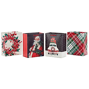 Hallmark 9" Medium Christmas Gift Bag Bundle (4 Bags: Traditional Santa, Holly Wreath, Snowy Red Car, Red and Green Plaid) for Friends, Coworkers, Teachers, Neighbors