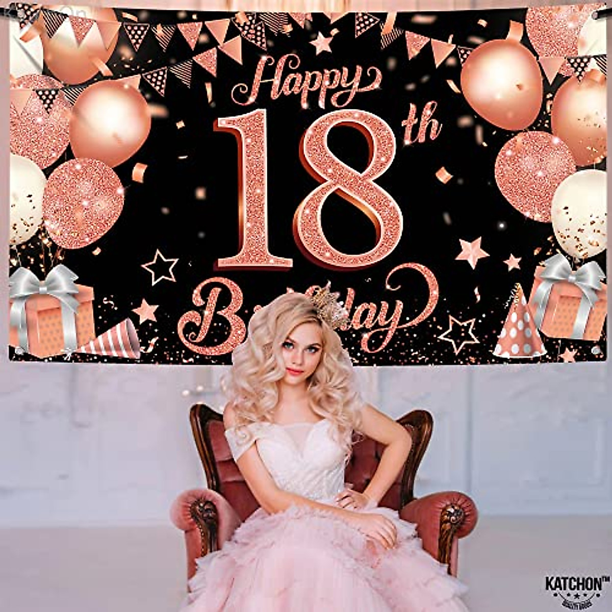 KatchOn, Rose Gold Happy 18th Birthday Banner - XtraLarge, 72x44 Inch | Rose Gold 18th Birthday Backdrop | 18 Birthday Banner for Rose Gold 18th Birthday Party Decorations | 18 Birthday Decorations