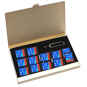 Secure Digital Memory Card Case,Ultrathin Mini Aluminum Waterproof Memory Card Carrying Case,Rustproof Compact Card SD Card Memory Card Protector Cover Storage,with 4 Micro SD & 2 SD Cards Slots(Gold)
