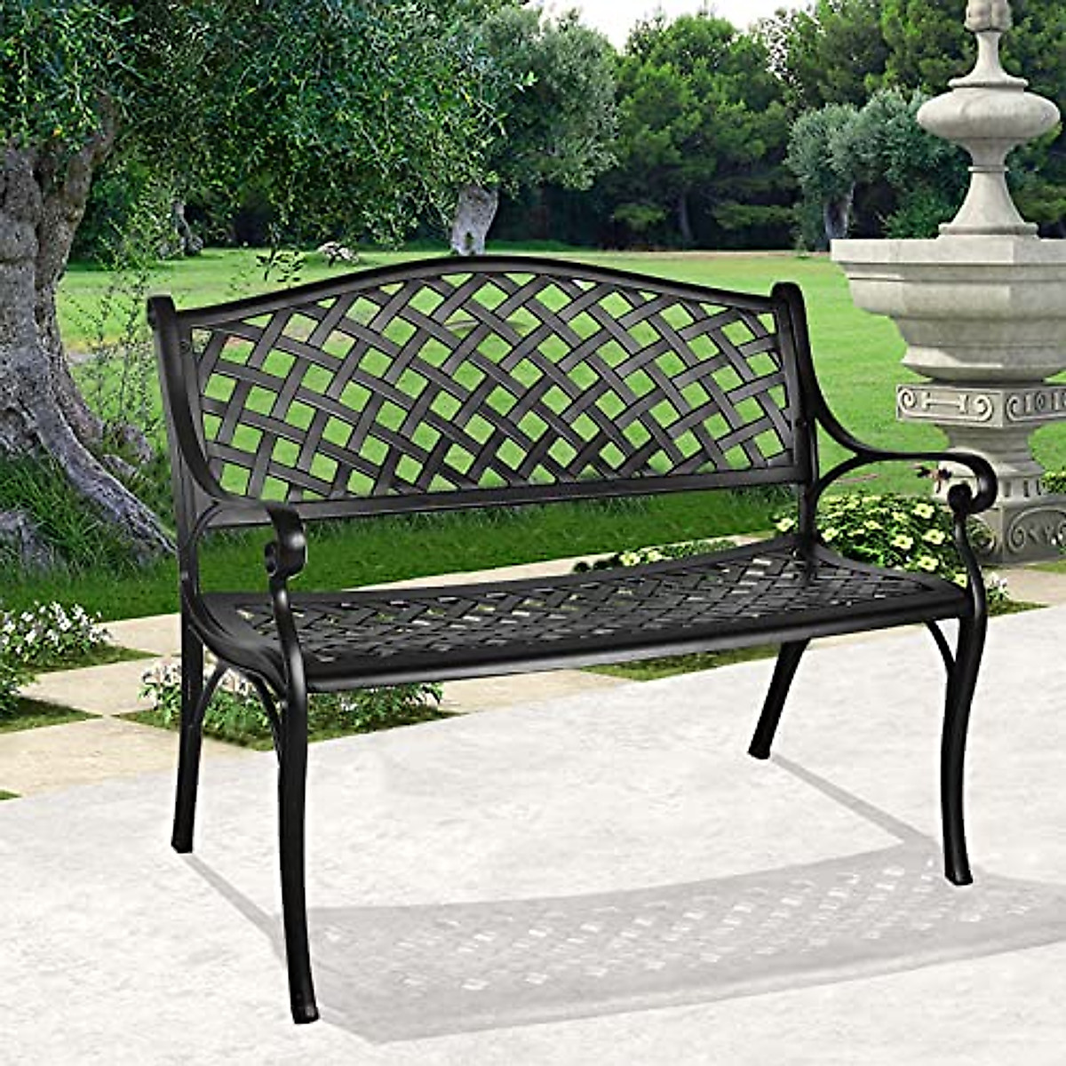 Grepatio Outdoor Patio Garden Bench All-Weather Cast Aluminum Loveseats Park Yard Furniture Porch Chair Work Entryway Decor w/Checkered Design(Black)