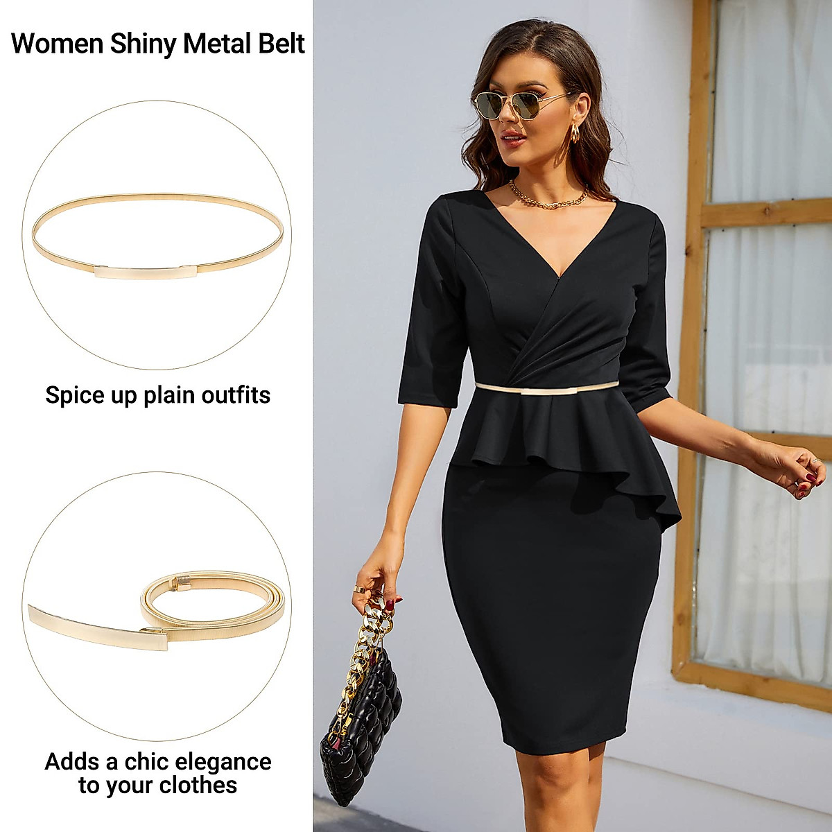 Women Metal Skinny Waist Belt with Closure Hook Size M Gold CL633