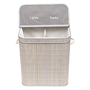 Home Basics 2 Compartment Foldable Rectangle Bamboo Hamper with Liner (Grey)
