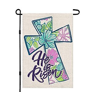 He is Risen Cross Easter Garden Flag 12 x 18 Inch Vertical Double Sided, Spring Holiday Farmhouse Rustic Yard Outdoor Decoration DF027
