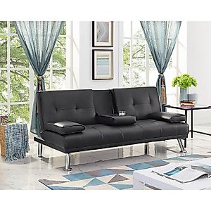 Space-Saving Design: Convertible Futon Sofa Bed, Versatile Comfort - Sturdy Build Modern Faux Leather Futon Couch - Low-Maintenance Upholstery - Customizable Positions - Easy Assembly - Black