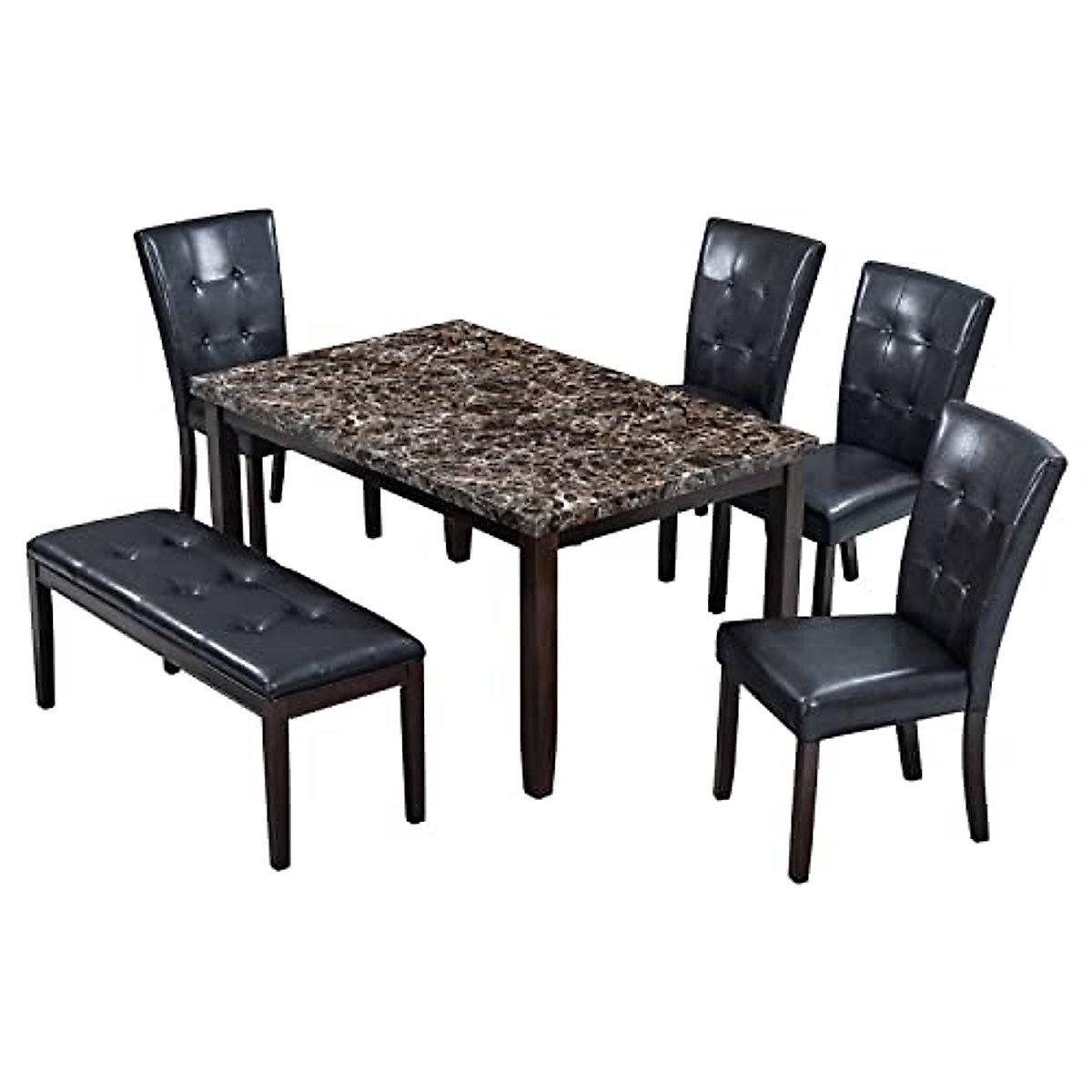 FIQHOME 6-Piece Set with one Faux Marble Dining Table,4 Upholstered PU Leather Chairs and 1 Bench,Perfect for Kitchen, Breakfast Nook, Bar, Living Room,Black