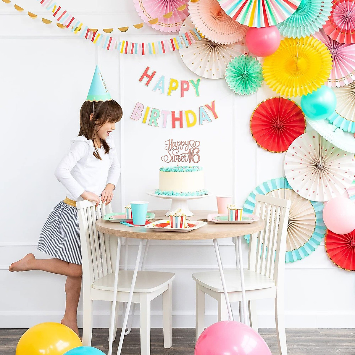 1 PCS Happy Sweet 16 Cake Topper Glitter 16th Birthday Cake Pick Cheers to 16 Years Birthday Cake Decoration for Happy 16th Birthday Anniversary Party Decorations Supplies Rose Gold