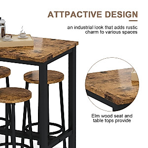 AWQM Pub Table and Chairs Set of 4, Industrial Counter Height Table with 4 Stools Small Dining Table Set for 4,Wooden Bar Table Set Dining Room Table Set for Small Spcae/Living Room,Rustic Brown