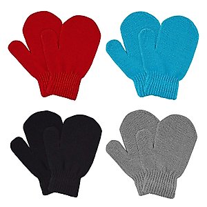 MENOLY 4 Pairs Toddler Magic Stretch Mittens Winter Warm Kids Knit Gloves for Little Girls Boys