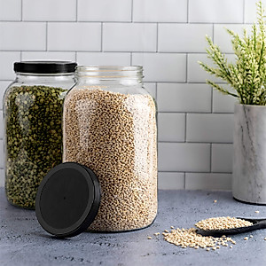 2 Pack - 1 Gallon Mason Jar - Glass Jar Wide Mouth with Plastic Lid - Container for Storing Dry Foods, Spices, Pasta, Legumes and Pet Food - Airtight Kitchen Storage (Black Cap)