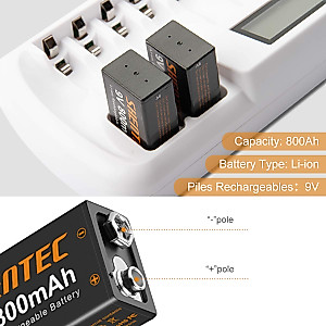 Shentec 9V Rechargeable Lithium Batteries, 800mAh Low Self-Discharge Square 9 Volt LithiumBattery for Alarms, Wireless Microphones, Smoke Detectors, Toys, Flashlights and More(4-Pack)