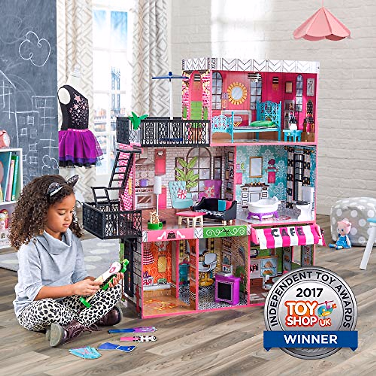 KidKraft Brooklyn's Loft Wooden Dollhouse with 25-Piece Accessory Set, Lights and Sounds, Gift for Ages 3+ 41.75" x 18.25" x 41.75"