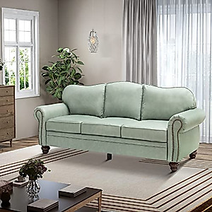 HULALA HOME 81'' Upholstered Leather Sofa with Nailhead Trim and Rolled Armrests, Mid-Century Modern Living Room 3-Seater Couch, Sage Couch with Removable Cushion for Bedroom Apartment