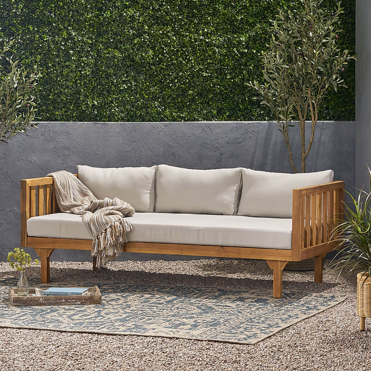 Christopher Knight Home Tina Outdoor 3 Seater Acacia Wood Daybed, Teak Finish, Light Grey
