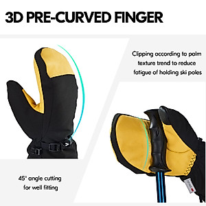 Vgo... 1Pair -30℃/-22°F or Above Cow Leather Warm Ski Gloves,Winter Snow Gloves,3M Thinsulate Waterproof Gloves(Size M,Black,CA2472FLWP)