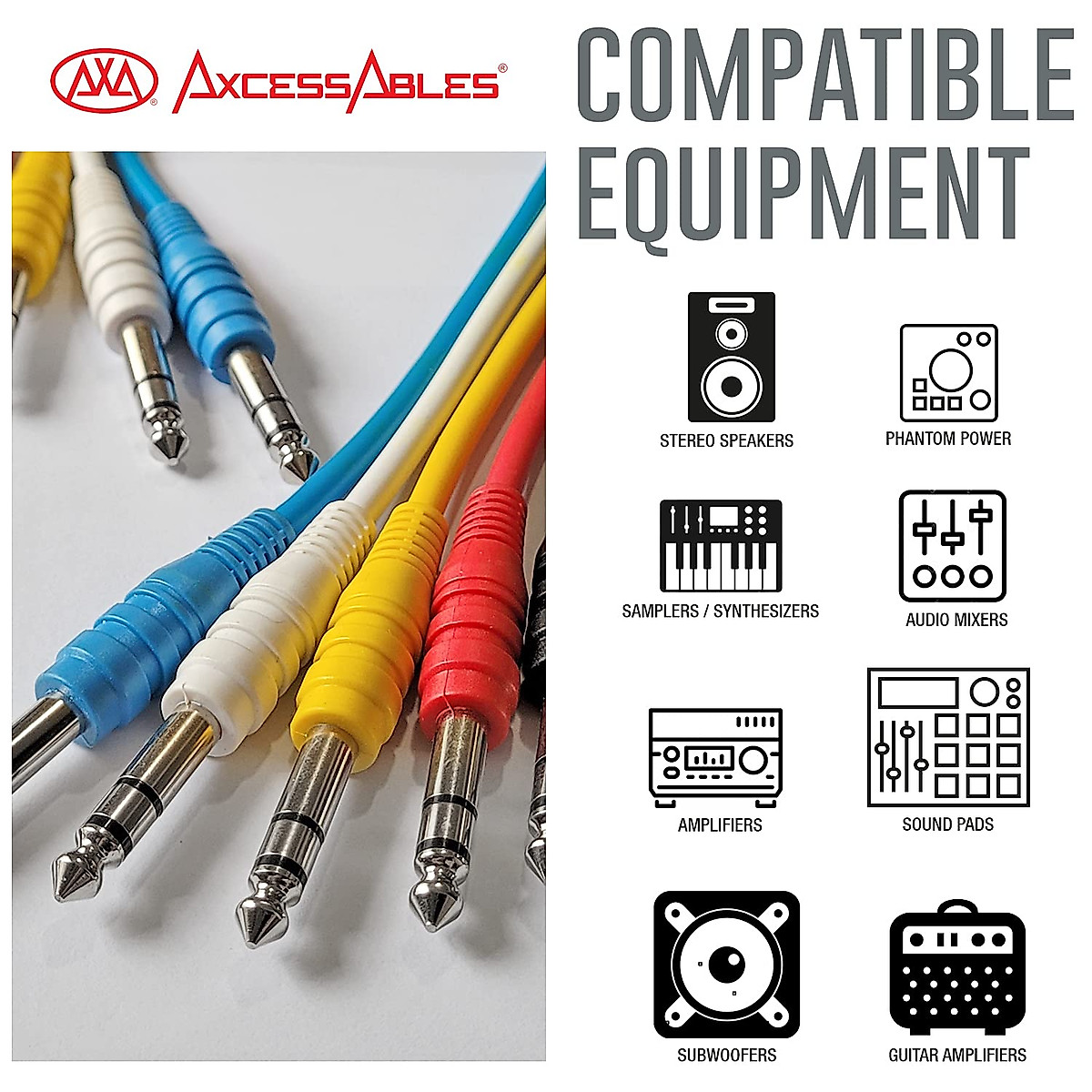AxcessAbles 3ft 1/4" TRS to 1/4" TRS Multi-Color Balanced Stereo Patch Cables (6-Pack) | Speaker Patch Cables, 3ft 6.35mm Studio Patch Cables | Quarter Inch TRS Cable Pack 3ft (6-Pack)