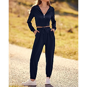KIRUNDO Women 2 Piece Outfits y2k Fashion Sweat Sets Casual Zip Up Long Sleeve Hoodie Jacket And Sweatpants Work Out Sets (Navy, X-Large)